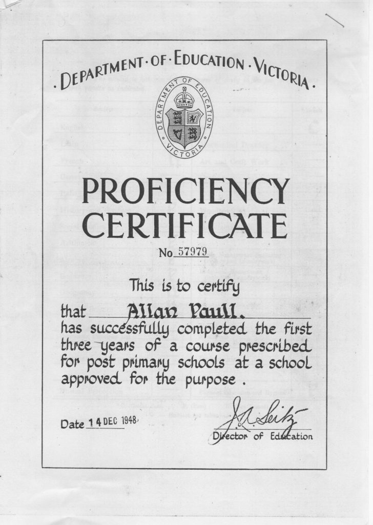 1948 Proficiency Certificate Allan Paull 1948 – Camberwell High School ...